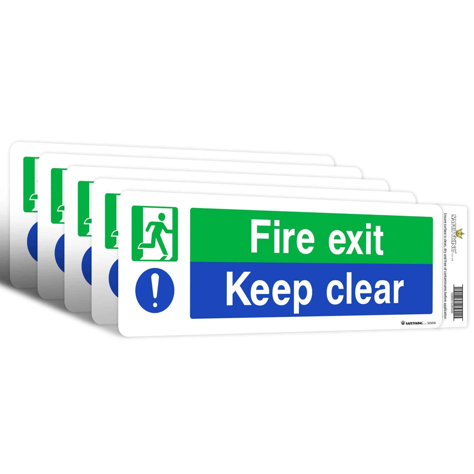 SAFETYKING® 5 Piece Fire Exit Keep Clear Sticker | 30 cm x 10 cm Self