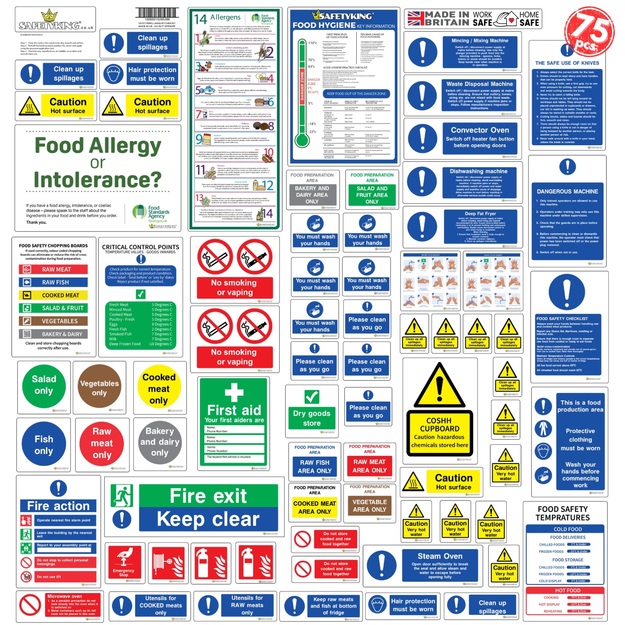SAFETYKING® 75pcs Kitchen Safety Signs & Food Hygiene Stickers | Self-